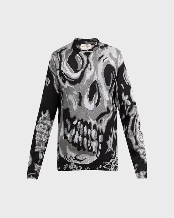 Alexander Mcqueen Wax Floral Skull Jacquard Sweater In Blk Silver